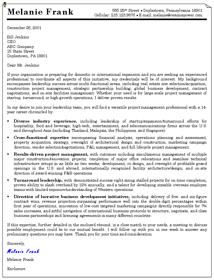 Project Manager Cover Letter Sample